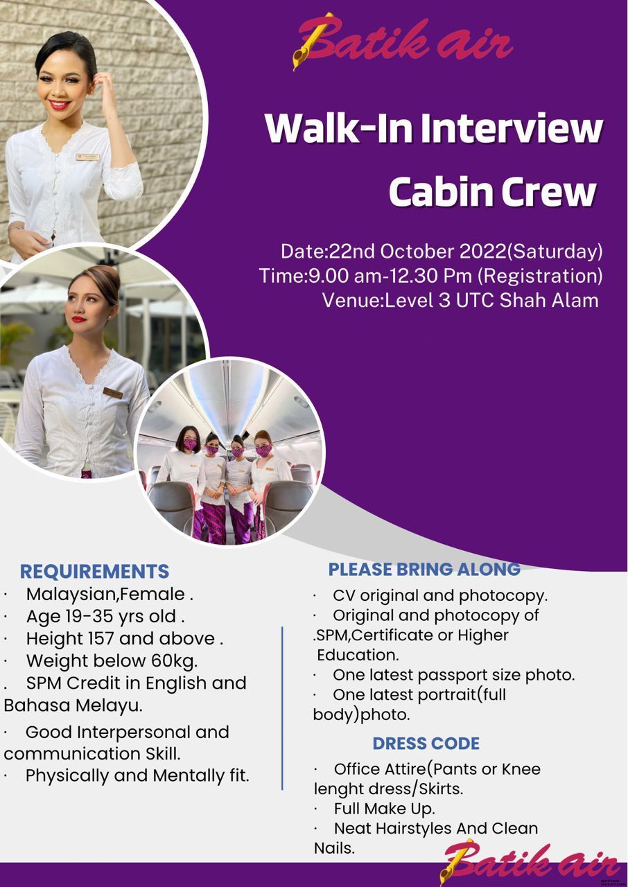 Batik Air Malaysia Cabin Crew Walk-In Interview [Shah Alam] (October ...